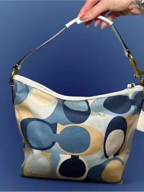 Coach | Bags | Coach Blue Tan Cream Signature Circle Shoulder Bag ...